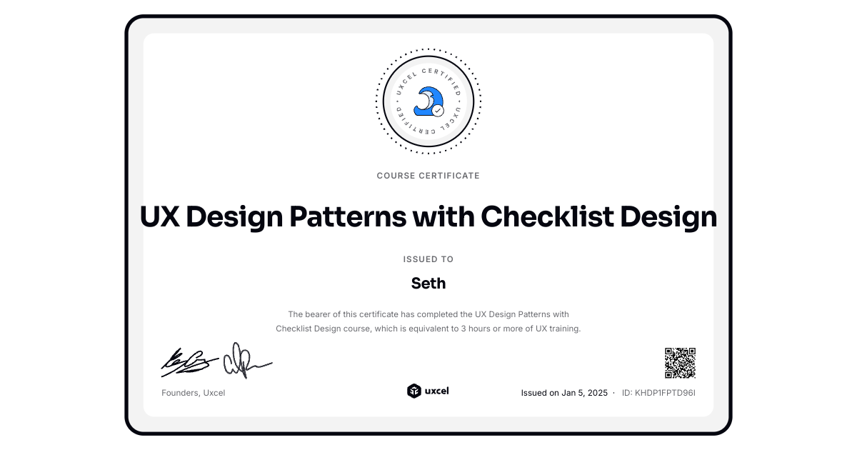 Certificate of completion for UX Design Patterns with Checklist Design | Uxcel